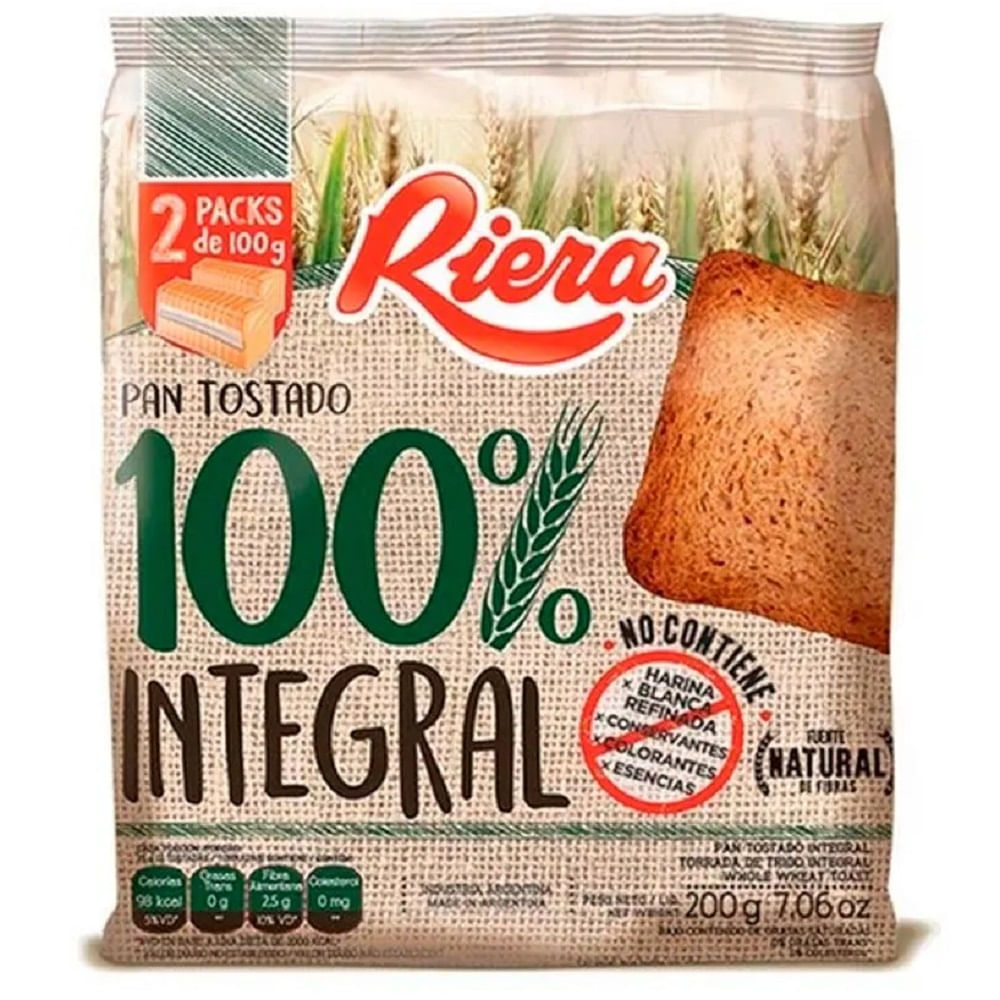 TOSTADAS RIERA 100 % INTEGRAL LIBRES X 200 GR
